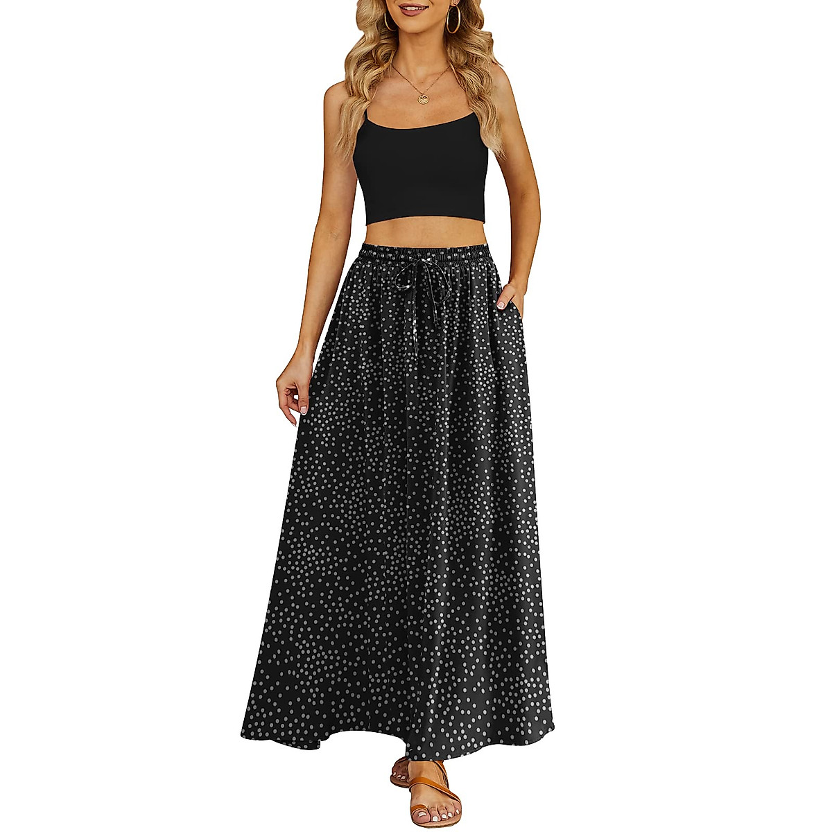 Yincro Women's Flowy Maxi Skirt Summer Pleated High Waisted Casual Long Skirts with Pockets (White Polka Dot Black, L)
