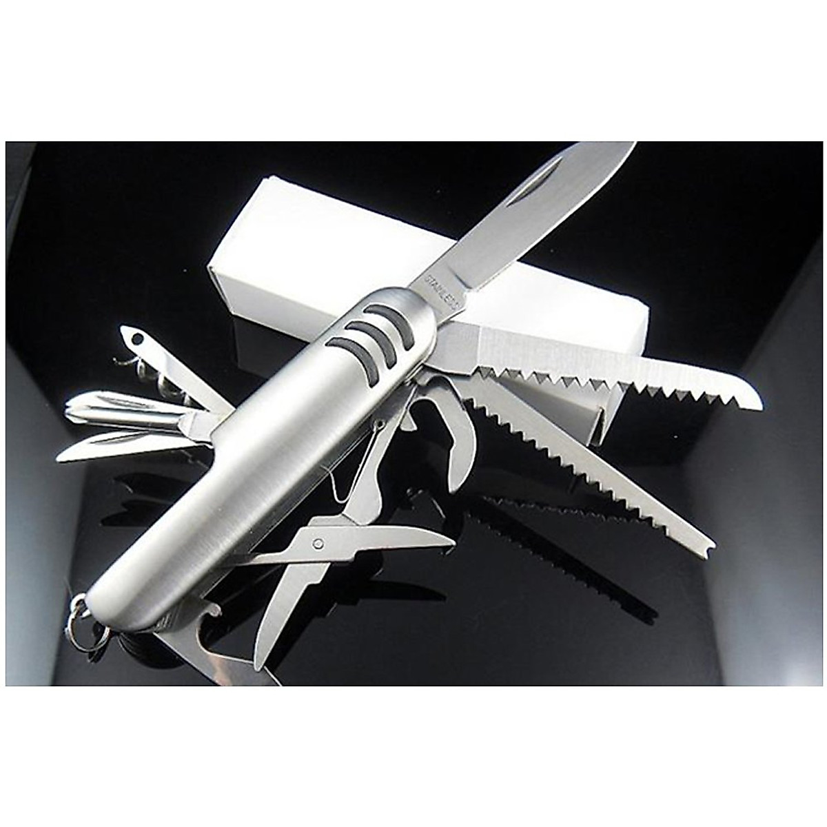 Multi Function Pocket Tools Chest Knife Stainless Steel with 11 features: knife, saw, double jagged, scissors, bottle opener, can opener, the screwdriver, file, the threading, scissors, red wine drill