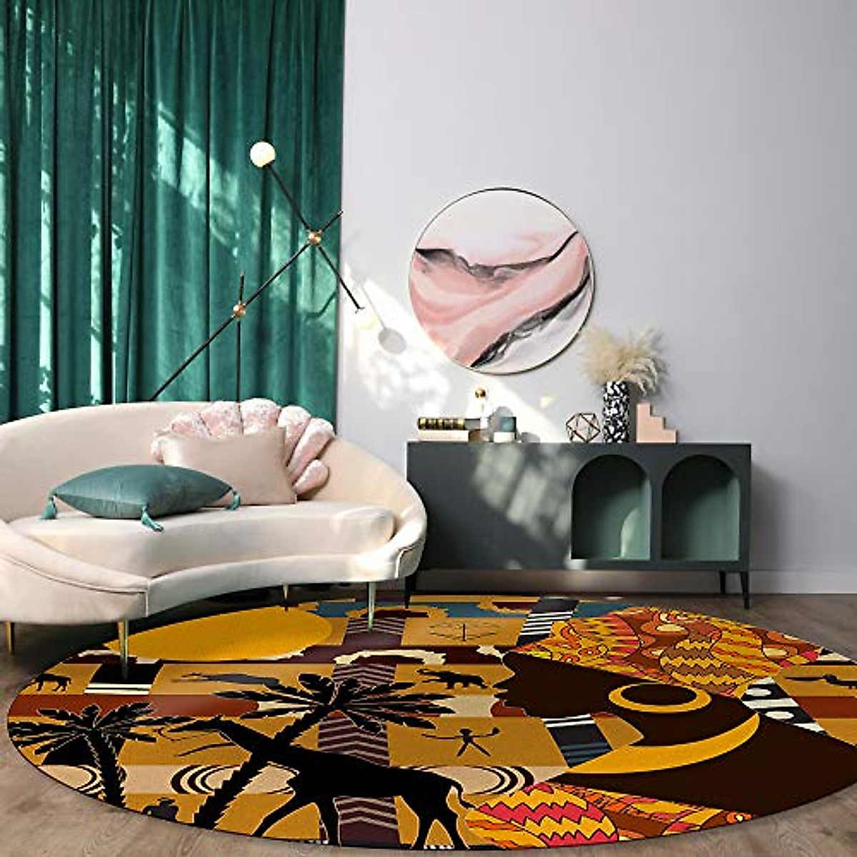Large Area Rug for Living Room- African Women Rlephant Giraffe Silhouette Soft Comfort Carpet Home Decorate Contemporary Runner Rugs, 4' Diameter