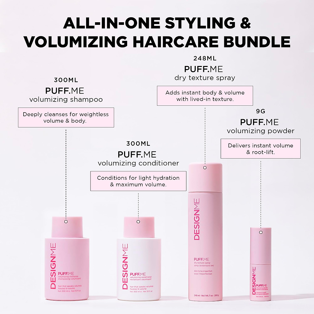 Design.Me PUFF.ME Hair Volumizer Bundle | Volumizing Shampoo, Conditioner, Powder, & Dry Texture Spray for Hair | Sulfate Free Shampoo & Color Conditioner with Styling Powder & Hair Texture Spray