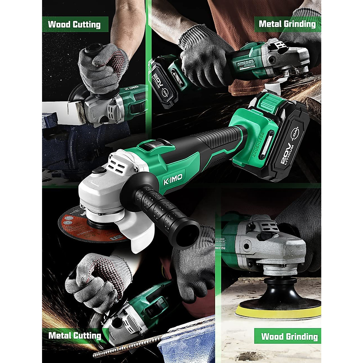 KIMO Cordless Grinder 20V Cordless Angle Grinder w/ 4.0Ah Li-Ion Battery & Charger, 9000RPM Brushless Motor, 4-1/2'' Blade, Electric Brake, 2-Position Handle, Battery Grinder Tool for Metal Wood