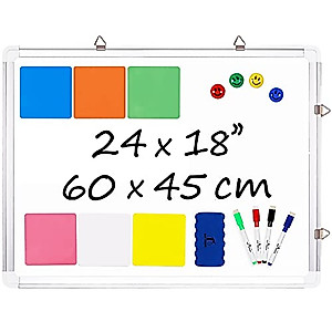 Whiteboard Set - 24 x 18" Dry Erase Board with 1 Magnetic Eraser, 4 Dry Wipe Markers, 4 Magnets and 6 Magnetic Labels - Wall Hanging Reminder Kanban Scrum White Board for Home and Office