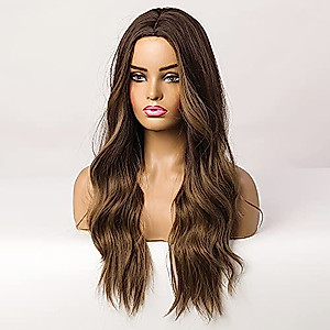 LEMONWIGS Long Natural Wavy Middle Part Brown Synthetic Wig for Women Heat Resistant Fiber Wigs