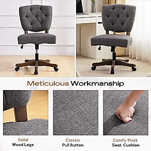 HUIMO Upholstered Swivel Desk Chair Chenille Tufted Fabric Home Office Chair with Wheels Adjustable Height Classic Task Chair with Wooden Legs Comfortable Armless Chair for Studio Study (Grey)