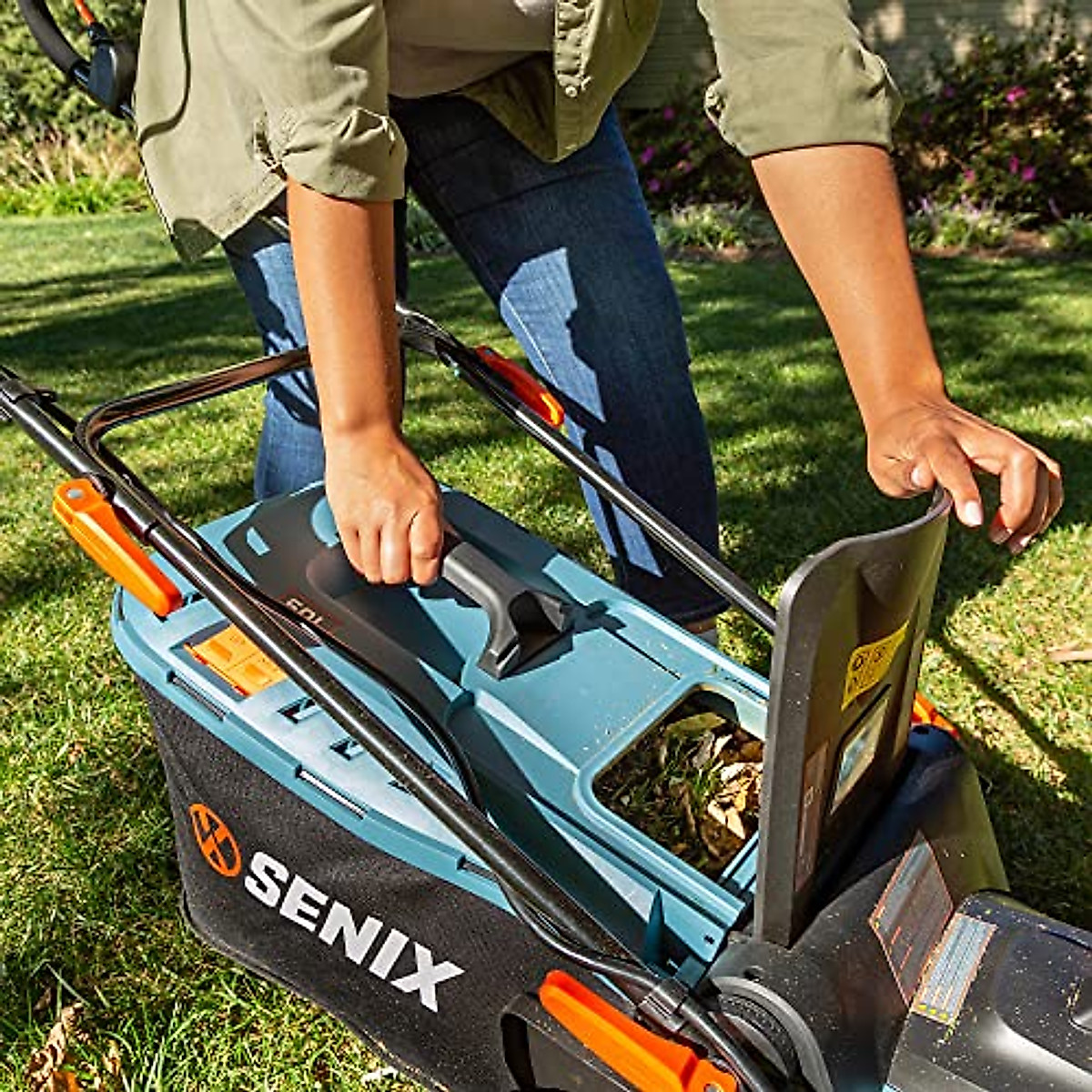 SENIX Electric Lawn Mower, 17-Inch, 58V Max* Cordless Lawn Mower with Brushless Motor, 6-Position Height Adjustment, 2.5Ah Lithium Ion Battery and Charger Included, LPPX5-M, Blue