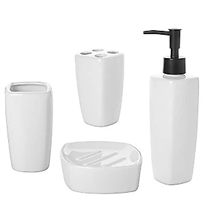 MyGift 4 Piece Ceramic White Bathroom Accessories Set Includes Lotion Dispenser with Matte Black Pump, Toothbrush Holder, Tumbler and Soap Dish