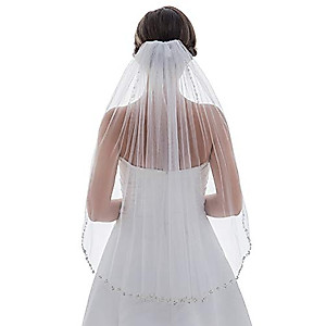 1T 1 Tier Pearls Silver Beaded Wedding Veil - Light Ivory Fingertip Length 36" V413