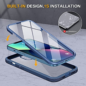 Miracase Compatible with iPhone 13 Mini case 5.4 inch, 2023 Upgrade Full-Body Glass Clear Case Bumper Case with Built-in 9H Tempered Glass Screen Protector for iPhone 13 Mini, Dark Blue