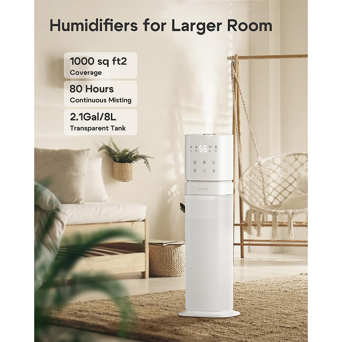 AILINKE Humidifier Large Room, 2.1Gal/8L Humidifiers for Bedroom with Extended Tube, Large Humidifiers 1000 sq.ft. Whole House Cool Mist Humidifier with Night Light, School/Office/Warehouse, White