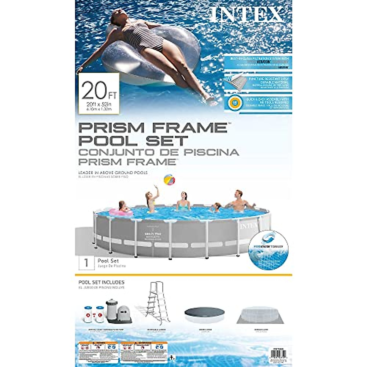 INTEX 26755EH 20 Feet x 52 Inch Prism Premium Frame Above Ground Pool | Cartridge Filter Pump, Ladder, Ground Cloth and Pool Cover Included