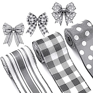 Grey Wired Edge Ribbon Plaid Ribbon 3 Rolls 2.5 Inch Farmhouse Ribbon Buffalo Check Gray Ribbon Polka Dot Striped Ribbon Buffalo Plaid Ribbon Wire Ribbon for DIY Crafts Gifts Wreath Bow, 15 Yards