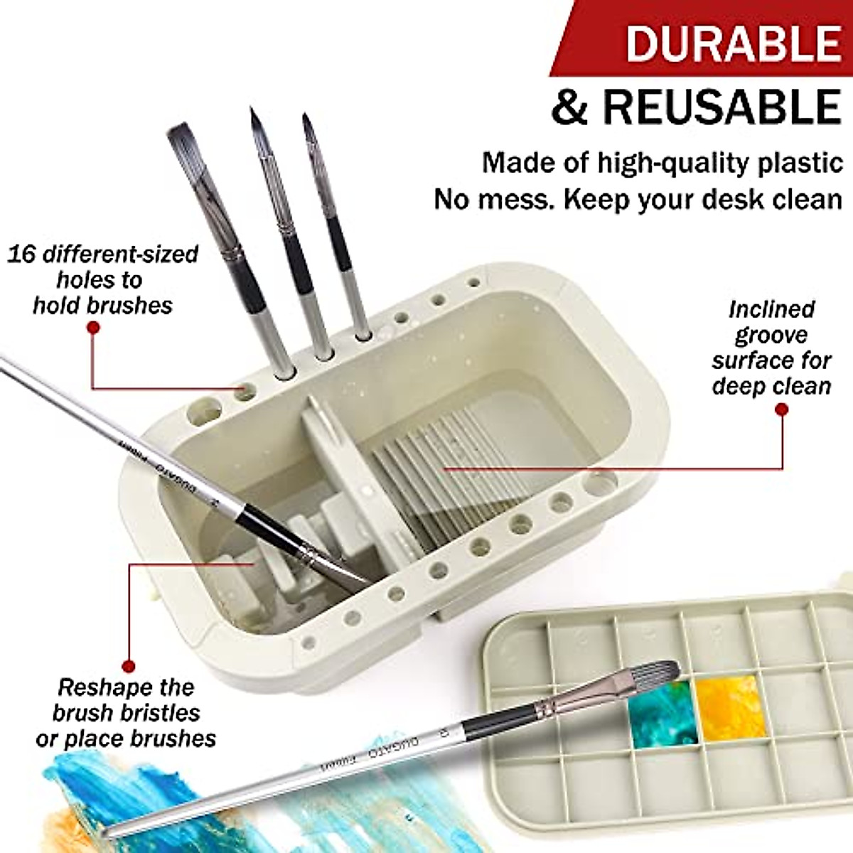 DUGATO Paint Brush Cleaner Washer, Multifunction Painting Brush Basin Holder and Organizer width Tray Palette Lid & 2 Art Sponges for Acrylic, Watercolor, Oil, Gouache Painting