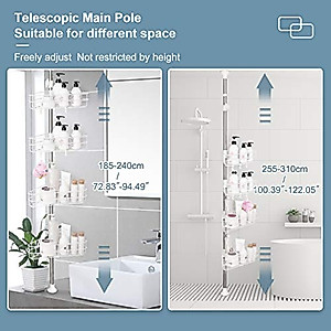 BAOYOUNI 4 Tier Shower Caddy Tension Pole Corner Bathroom Organizer Shelf Shampoo Holder Basket Bathtub Storage Rack Floor to Ceiling Adjustable Stand Space Saver - No Drilling - White