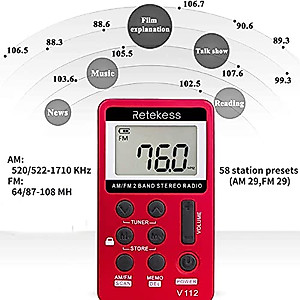 Retekess V112 AM FM Portable Pocket Radio Digital Tuning Stereo Volume with Earphone Rechargeable Battery for Walking Gym (Red)