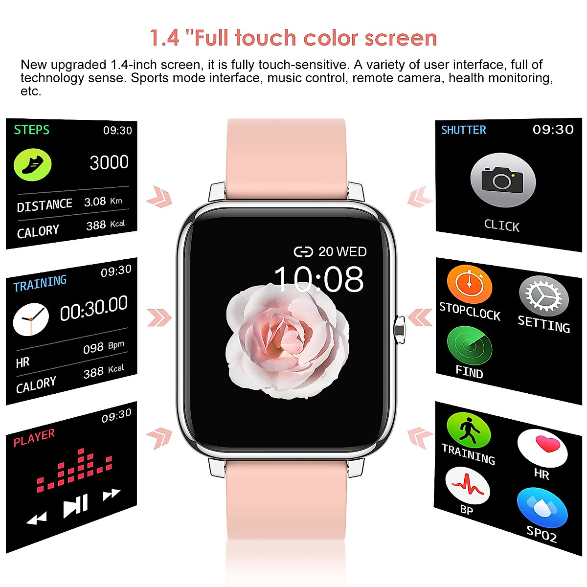 EBAKIN Smart Watch Fitness Tracker 1.4 inch Full-Touch Screen IP67 Waterproof Blood Pressure Heart Rate Blood Oxygen Multi-Sport Fashion Smartwatch(Pink)