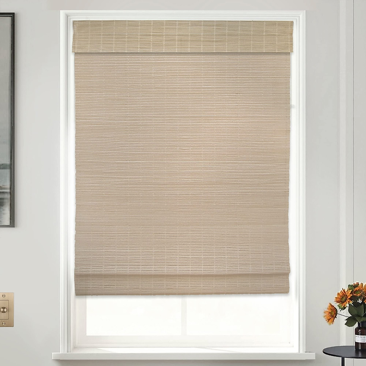 MOOD Custom Bamboo Shades | Modern | Cordless Bamboo Roman Shades for Windows and Doors (Natural Woven) | Modern Camel (Sheer) | Custom Size