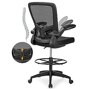 POWERSTONE Drafting Chair, Ergonomic Tall Office Chair Stool Standing Desk Chair with High Back and Flip-up Armrests Adjustable Rolling Workbench Stool with Footrest(1pcs)