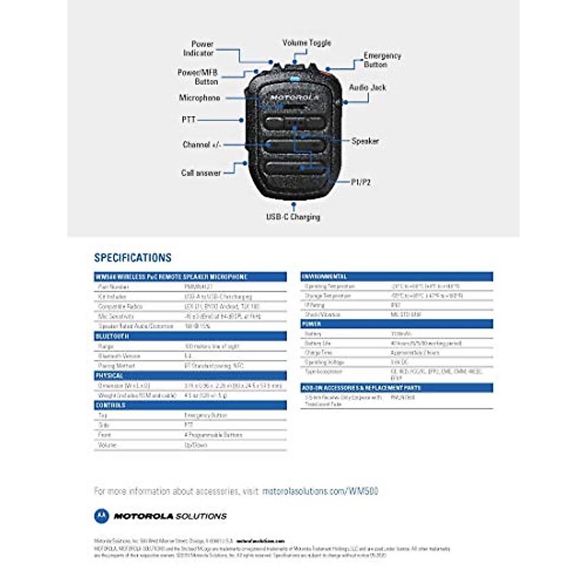 WM500 Bluetooth Remote Speaker Microphone Kit# PMMN4127 which Includes USB Charging Cable - Compatible with TLK100 & TLK150 PoC Two Way Radios - by Motorola Solutions