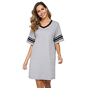 Vslarh Women's Nightgown, Cotton Sleep Shirt V Neck Nightshirts Short Sleeve Loose Comfy Pajamas Dress Casual Sleepwear (Gray, XXL)