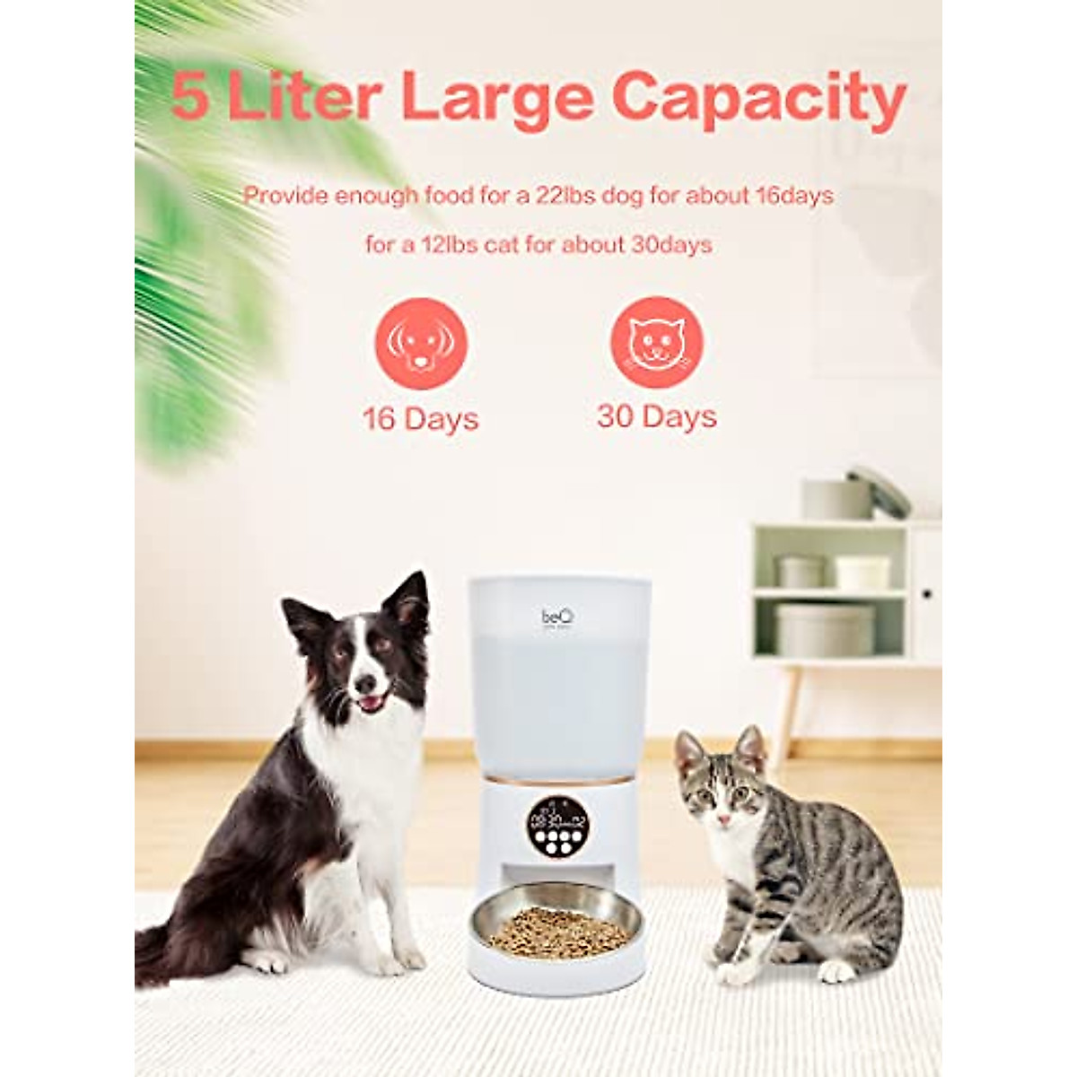 beQ 5L Automatic Cat Feeder, Timed Dog Feeder for Dry Pet Food with Stainless Steel Bowl, Twist Lock Sealed Lid and Desiccant Dag, 1-6 Meals Per Day, 20-Second Voice Recording, for Cats or Dogs.