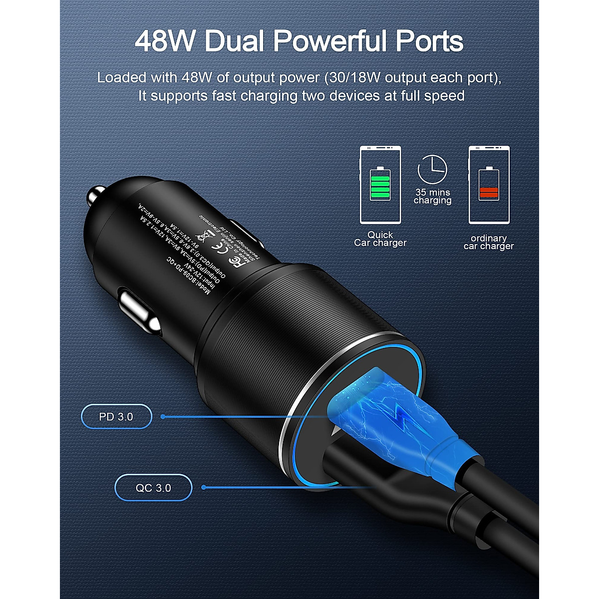 12 Volt USB Outlet, 30w+18w Dual Port USB C Car Charger, Super Fast Charging Cigarette Lighter Adapter Usbc Cargador Carro Auto Plug Phone Car Charger for Android Samsung Galaxy, Google, Apple iPhone