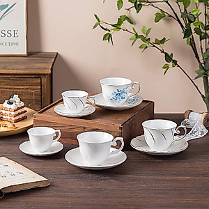 Agyiuns Tea Cups Set Of 4, Tea Cup And Saucer Set,6oz for Tea,Coffee, Latte, Cafe Mocha, Porcelain Tea Party Set (Pure white set of 4)