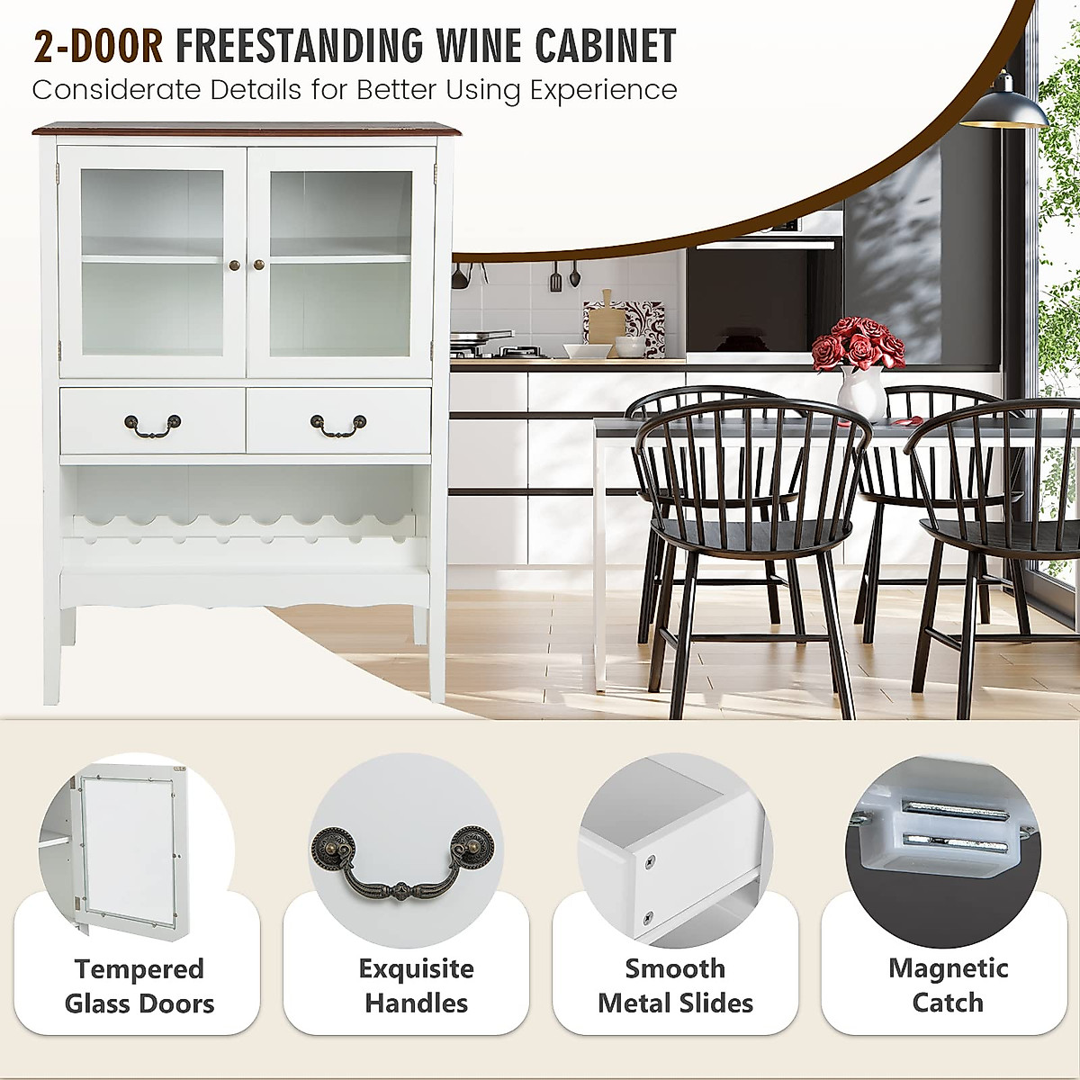 Giantex Wine Cabinet with Storage, Standing Buffet Sideboard with 2 Drawers, 2 Tempered Glass Doors, Open Wine Rack, Anti-toppling Assembly, Coffee Bar Station for Living Room, White & Vermilion