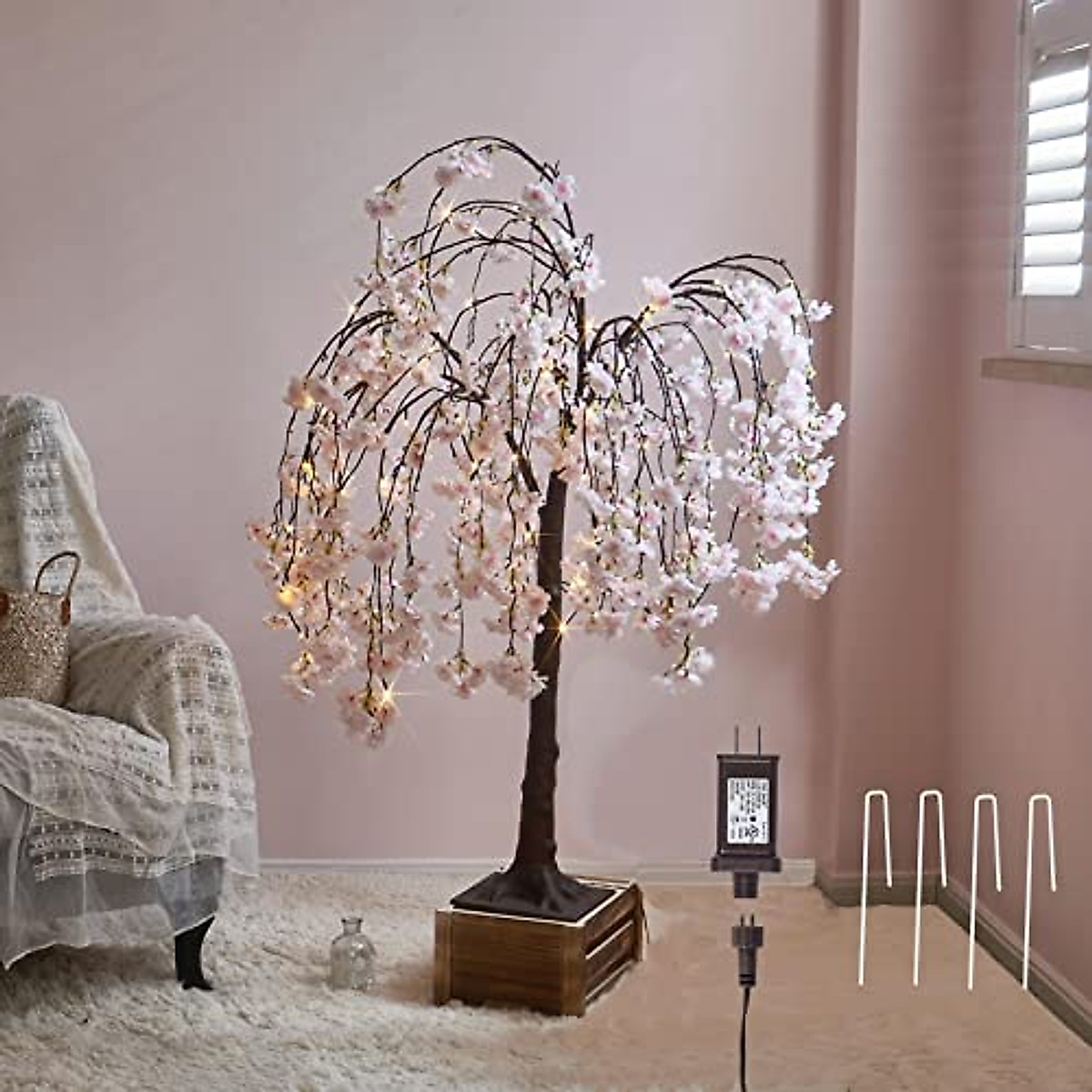 LITBLOOM Lighted Tree with Cherry Blossom 180 Fairy Lights 4FT, Pink Flower Faux Tree Lights for Indoor Outdoor Home, Wedding, Party Decoration