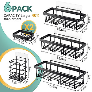 Veken Adhesive Shower Caddy 6-Pack, Large Capacity Bathroom Organizers and Storage, Rustproof Shelves Rack with Soap Holder, No Drilling Wall-Mounted Kitchen & Home Decor, Bath Decor&Essentials, Black