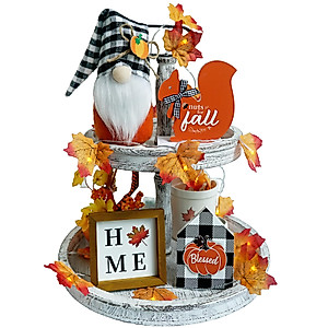 Fall Decor Fall Gnome Tiered Tray Decorations set Farmhouse Thankgiving Home Table Decor 3m Fall string lights Decor, Plaid Fall Gnomes Plush - Fall Wood Signs - Harvest Decorations for Home