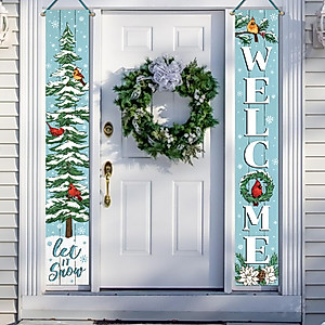 Deroro Welcome Winter Pine Tree Cardinal Porch Banner Sign, Let It Snow Red Birds Wreath Poinsettia Door Decorative Hanging Banner Flag, Snowflake Pine Cone Seasonal Decoration Home Outdoor Decor