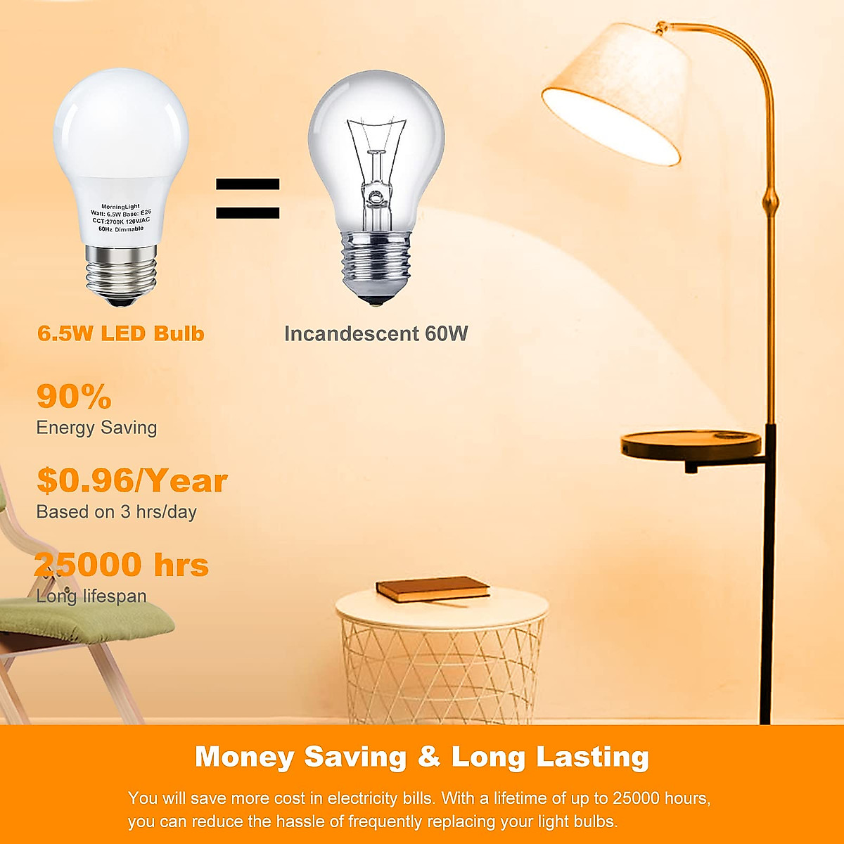 A15 Ceiling Fan Light Bulb 60 Watt Equivalent, 6.5W Dimmable LED Light Bulbs, 2700K Warm White, E26 Base, 4 Pack A15 LED Light Bulbs 60W for Pendant, Hallway Fixtures, 600LM