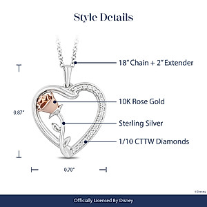Jewelili Enchanted Disney Fine Jewelry Sterling Silver and 10K Rose Gold 1/10 Cttw Diamond Belle Rose with Heart Pendant