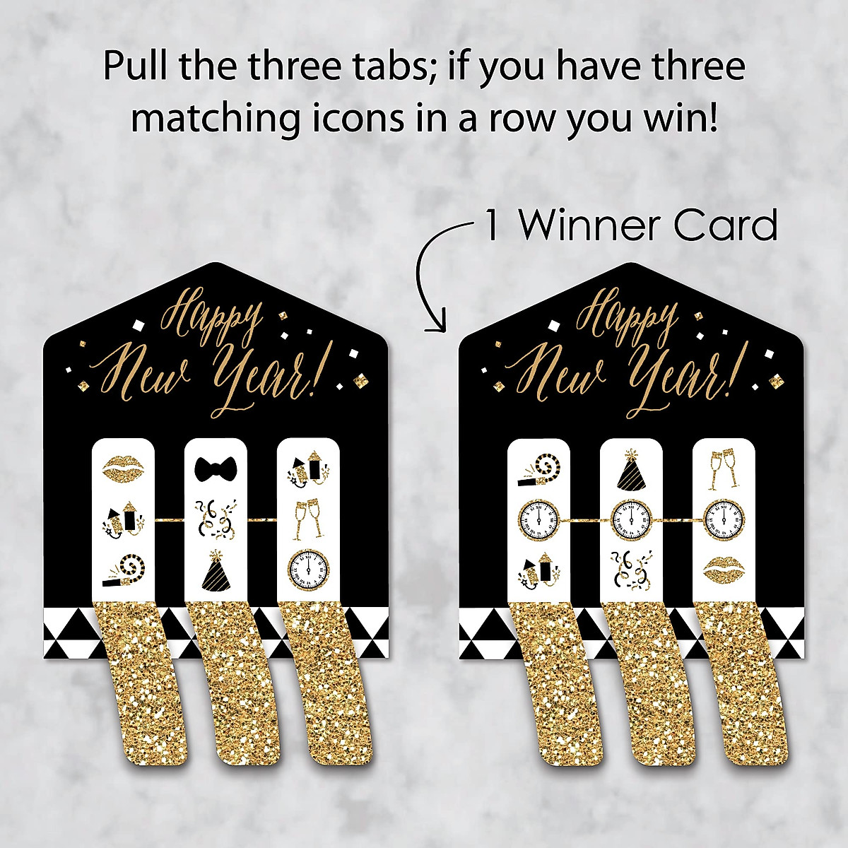 Big Dot of Happiness New Year’s Eve - Gold - New Years Eve Party Game Pickle Cards - Pull Tabs 3-in-a-Row - Set of 12