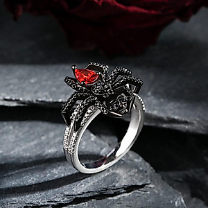 Jeulia Spider Skull Biker Black Ring Women Men Halloween Tone Pear Cut Sterling Silver Red Diamond Band Rings Black Plated Promise Rings with Jewelry Gift Box for Men(Black, 11)