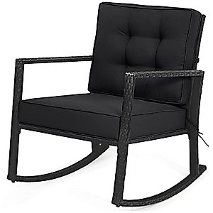 HAPPYGRILL Patio Rocking Chair Outdoor Rattan Wicker Glider Chair with Heavy-Duty Frame Thick Cushion for Backyard Garden Porch, Black