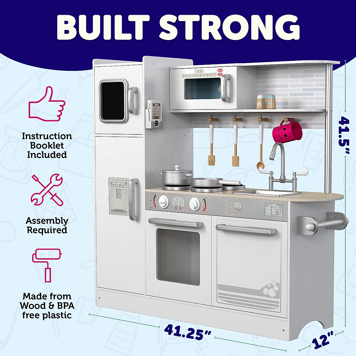 Play Kitchen - Wooden Kitchen Playset for Toddlers and Big Kids - Mini Pretend Toy for Boys and Girls with Cooking Stove, Oven, Pots, Pans, Phone, Microwave, Fridge, Sink, Utensils - Ages 3-8