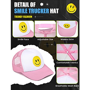 Cozypower 2 Pcs Smile Face Baseball Cap Smile Trucker Hat Mesh Adjustable Baseball Cap Retro Preppy Hats for Women(Blue, Pink, White)