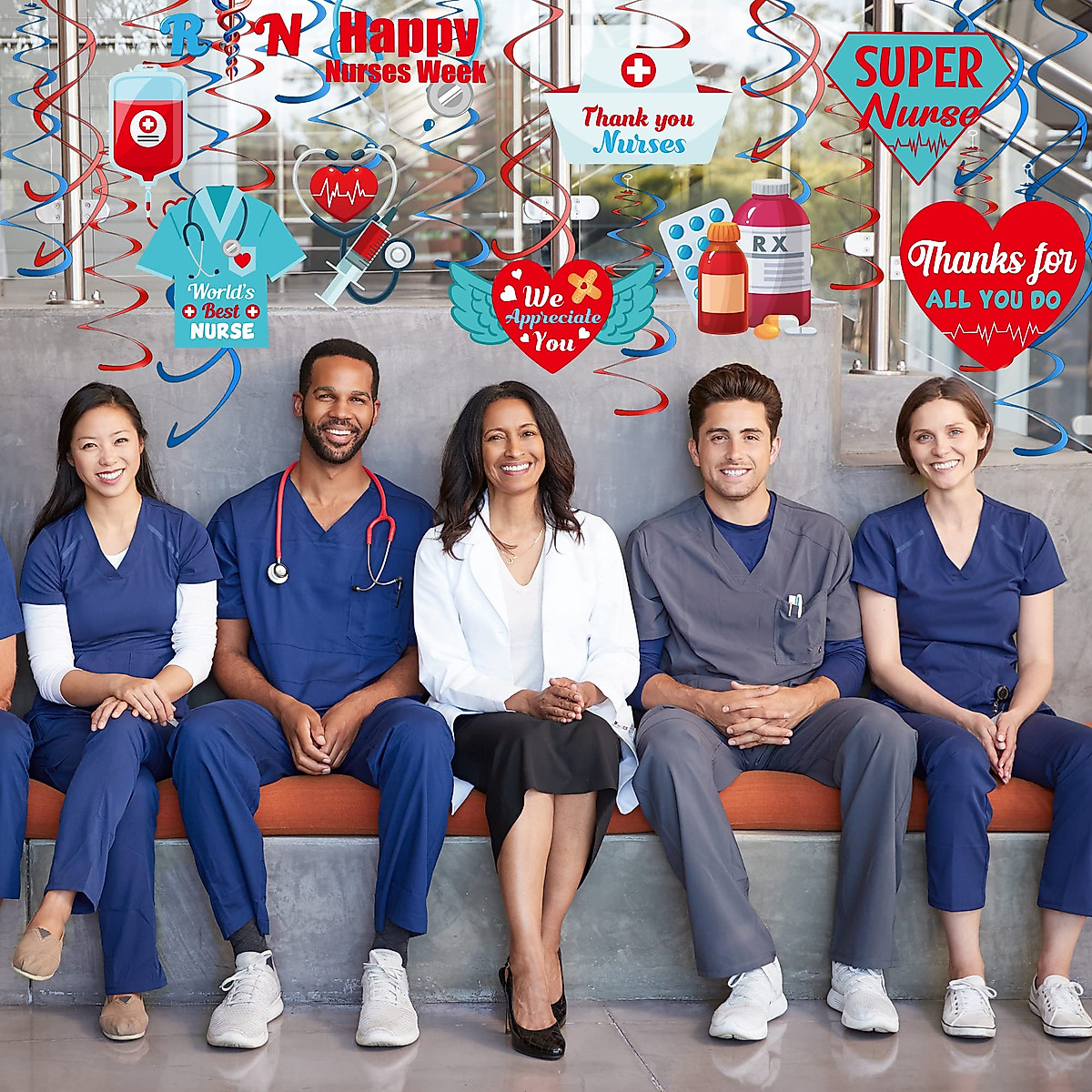 Nurses Week Decorations, 38PCS Nurses Hanging Swirls Decorations 2024, Blue Red Swirls School RN Nurse Graduation Decor, Happy Nurses Week Appreciation Swirls for Nursing Graduation Party Supplies