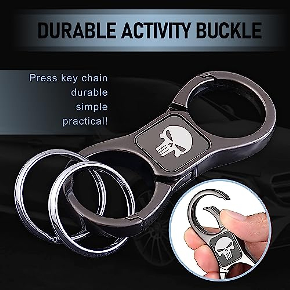 gunhunt 2 Pack Skull Key Chain, Key Chain with 2 Key Rings and Quick Release Zinc Alloy Detachable Key Chain (Black)