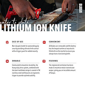 BUBBA Li-Ion Cordless Electric Fillet Knife with Non-Slip Grip Handle, 4 Ti-Nitride S.S. Coated Non-Stick Reciprocating Blades, Charger and Case for Fishing