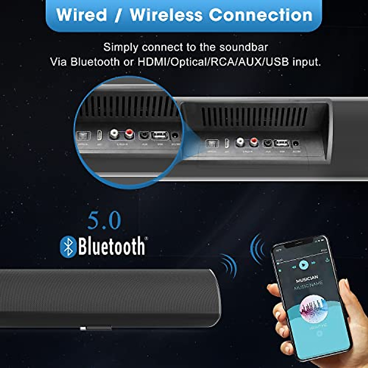 Bestisan Soundbar, TV Sound bar with Bluetooth 5.0, Optical AUX HDMI Connection, 28 Inch,3 EQs, 110dB Surround Sound Bar Home Theater Audio Soundbar System for TV