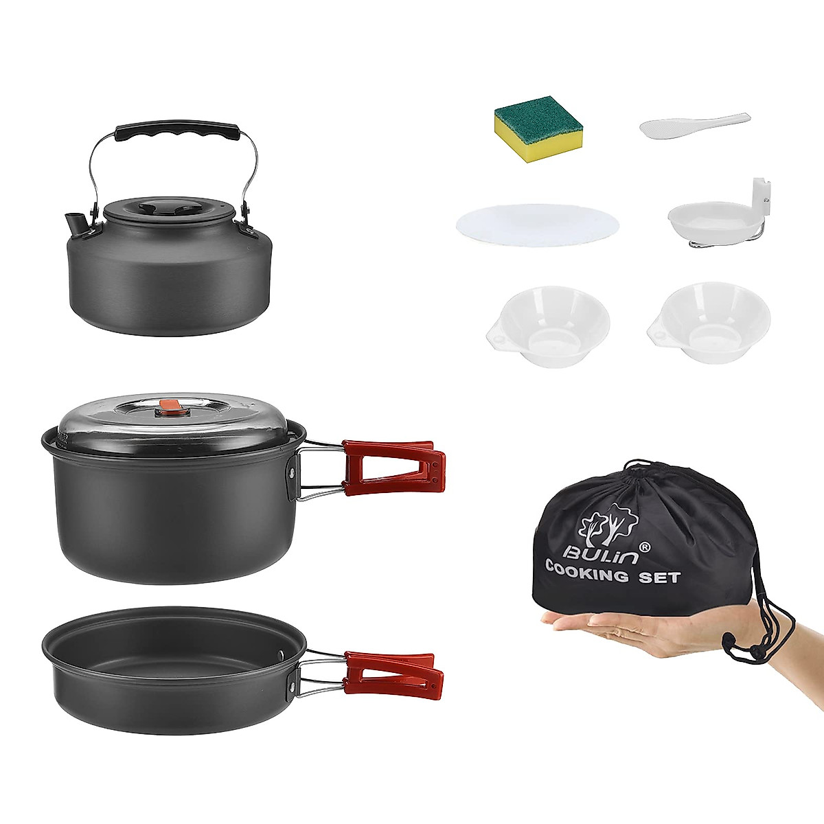Bulin Camping Cookware Mess Kit, Backpack Portable Campfire Cooking Pots Pans Kettle Set, Lightweight Durable Cook Gear for Open Fire Hiking, Outdoor (BPA Free Bowls, Plates), 9 PCS