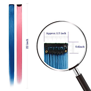 Sleekcute Pink and Blue 16Pcs Colored Hair Extensions - 22 Inch Straight Clip In Synthetic Hairpieces Ideal for Women, Kids, and Girls, for Halloween, Christmas and Cosplay