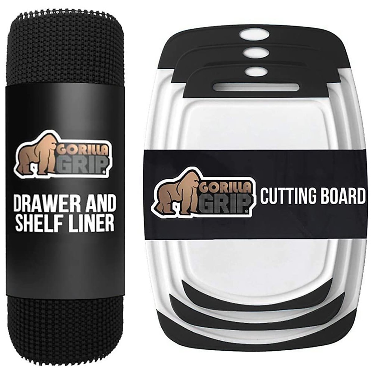 Gorilla Grip Drawer and Shelf Liner and Durable Kitchen Cutting Board, Shelf Liner Size 12 in x 20 FT, Strong Grip, Cutting Board Set of 3, Nonslip Handle and Border, Both in Black, 2 Item Bundle