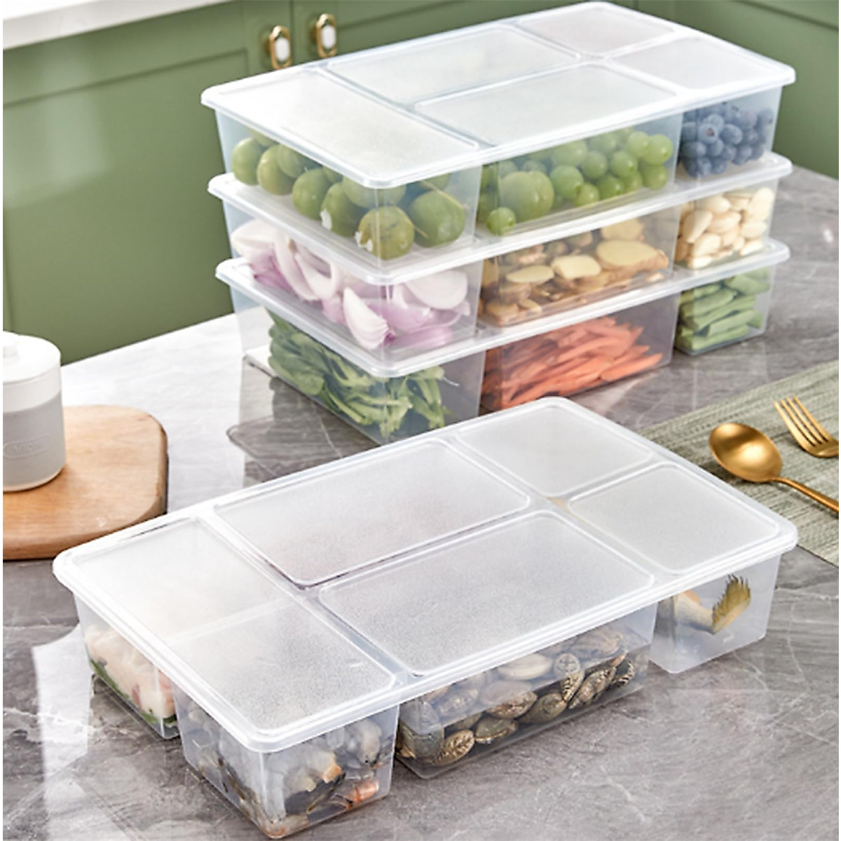 YAYODS 3 Pack Divided Veggie Tray with Lid, 5 Compartment Snackle Box Container for Fridge, Clear Stackable Salad Prep Food Storage Containers for Snack, Fruit, Vegetable, Salad, Meat