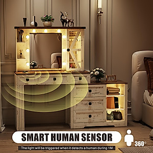 FREDEES Farmhouse Vanity Desk with Mirror and Lights, Makeup Vanity Table with 6 Drawers/Large Storage,White Dressing Table 3 Colors Adjustable Lighting Brightness & Charging Station for Women