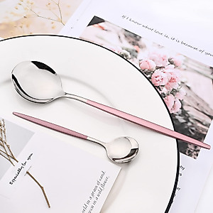 Snplowum Mirror Cutlery Serving Set, 24-piece 18/0 Stainless Steel Silverware With Pink Handle Simple & Modern Tableware For Home Party Restaurant Christmas Dinner, Service For 6 (Pink Silver)