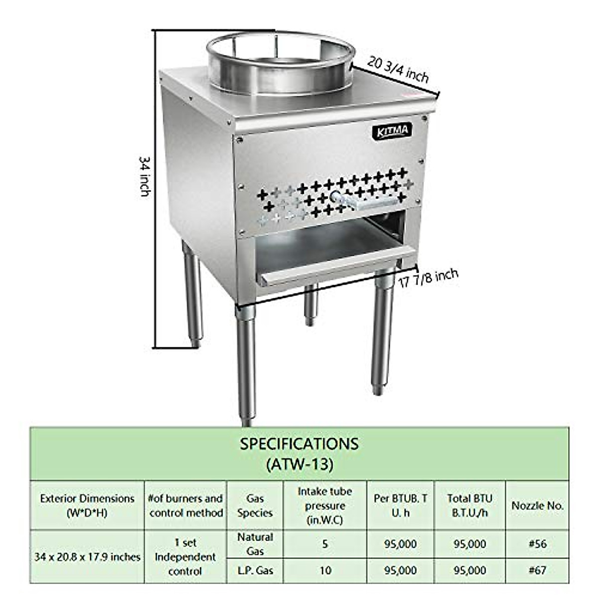 Kitma 13" Gas Wok Range - Commercial Natural Gas Restaurant Equipment, 95,000 BTU