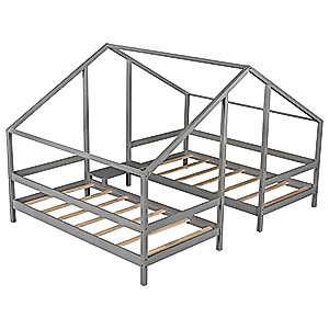 Double Twin Size Platform Beds with Built-in Table,Wood House Twin Beds Frames with Canopy Triangular Roof for Kids Teens Adults,Wood Slats Support/No Box Spring Needed,Gray